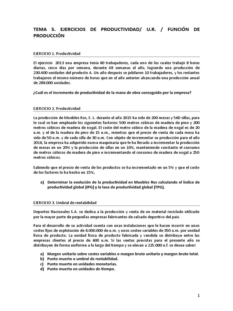 EJERCICIOS Tema 5 (Product., UR y F.prod) (1) OGE | PDF | Euro | Naturaleza