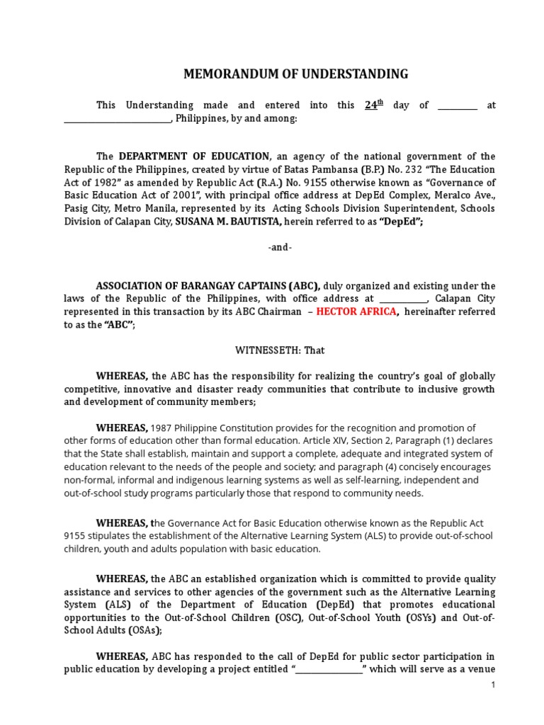 Sample MOU | PDF | Government | Justice