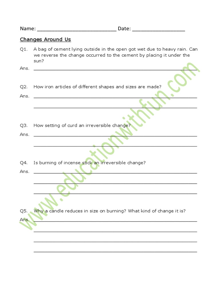 Changes Around Us Worksheet 3 | PDF | Materials | Nature