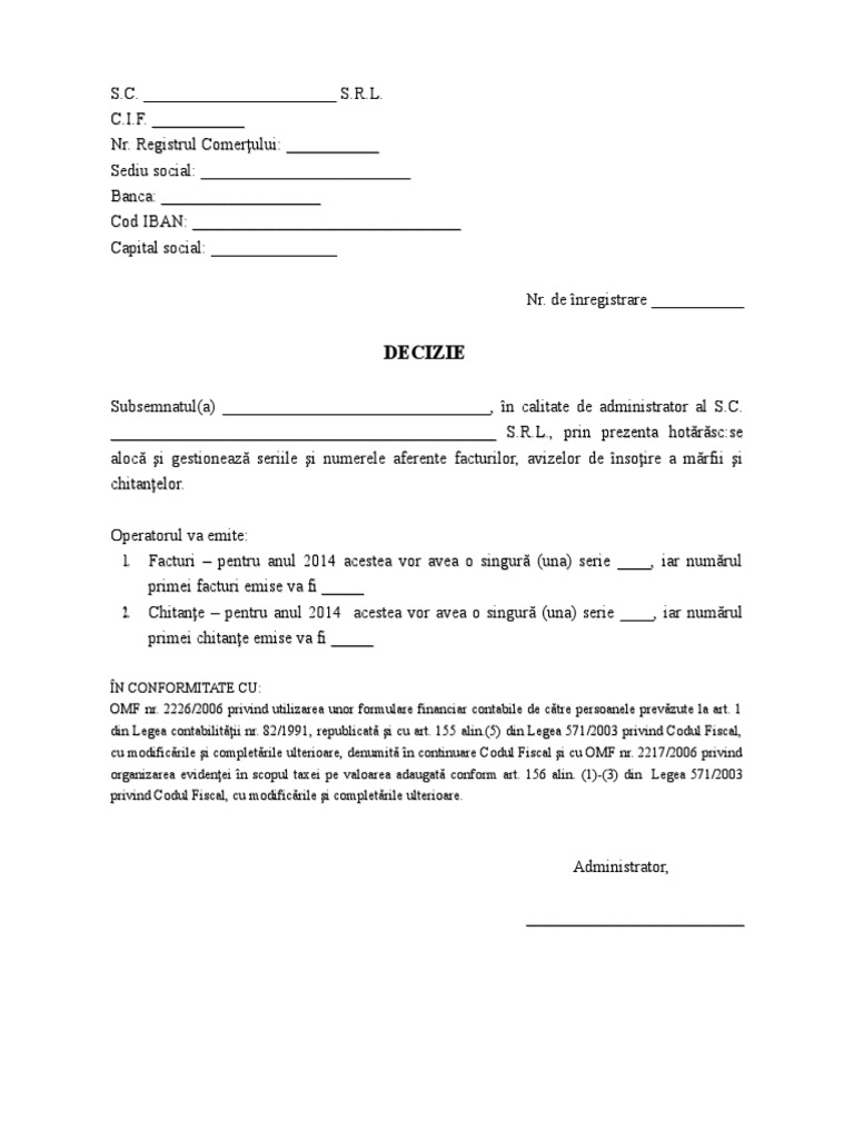 Decizie Interna de Numerotare A Facturilor | PDF