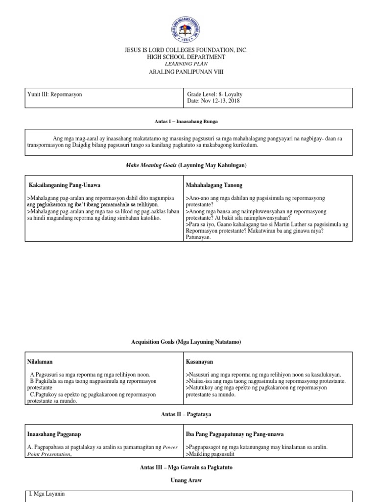 Learning Plan Grade 8 | PDF