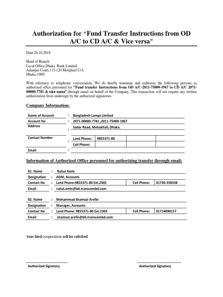 Authorization For "Fund Transfer Instructions From OD A/C To CD A/C ...