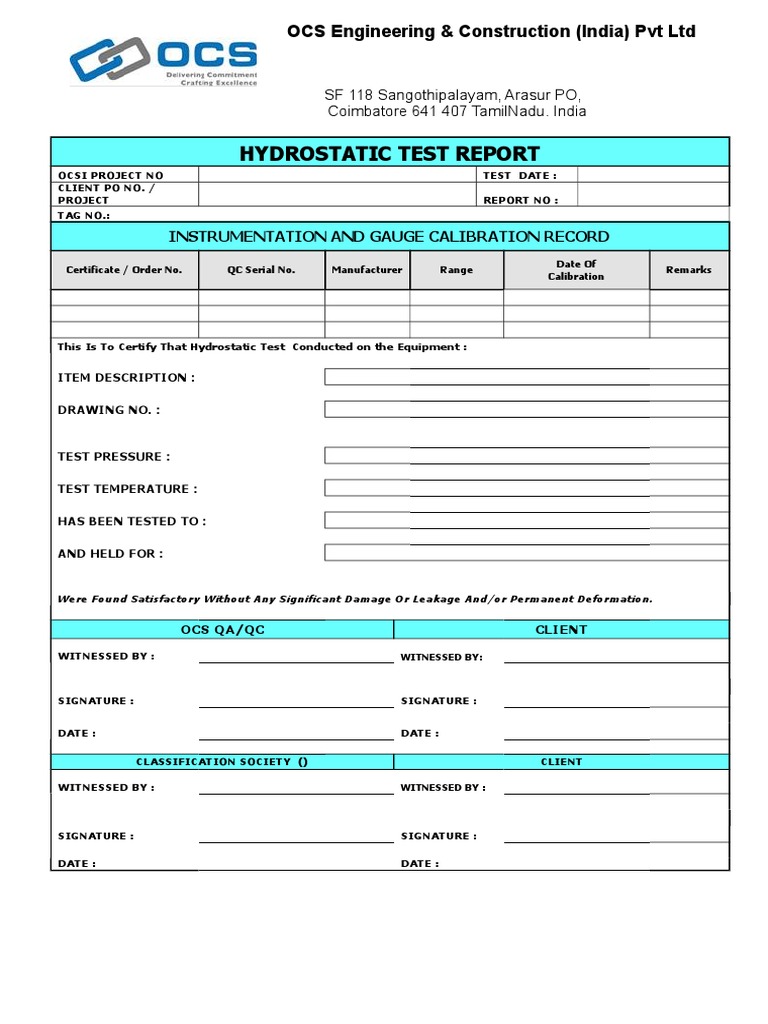 Hydrostatic Test Report: OCS Engineering & Construction (India) PVT LTD ...
