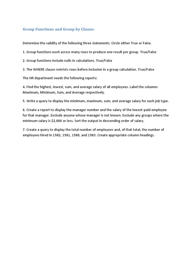 Group Functions and Group by Clause | PDF