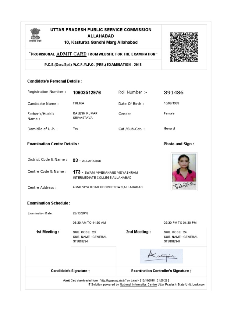 Provisional Admit Card for PCS (Gen/Spl)/ACF/RFO (Pre) Examination 2018 ...