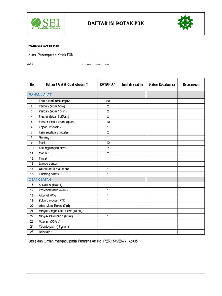 Panduan Isi Kotak P3K | PDF