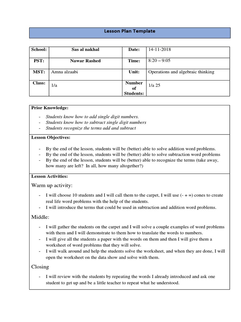 Lesson Plan Template: School: Sas Al Nakhal Date: PST: Nawar Rashed ...