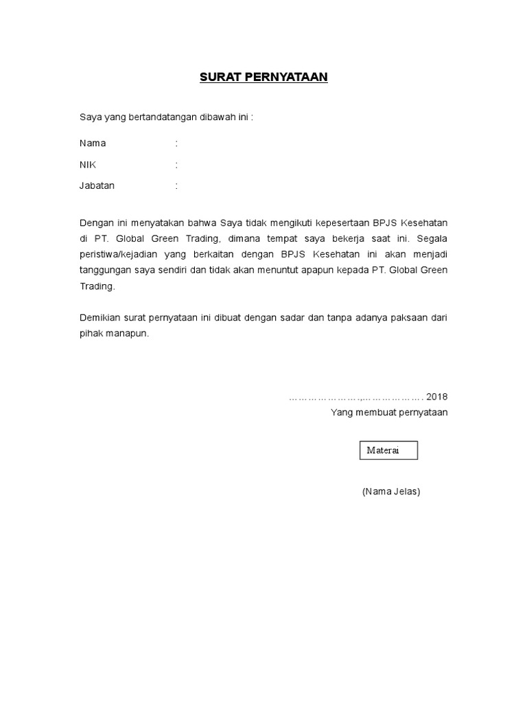 Surat Pernyataan BPJS Kesehatan | PDF