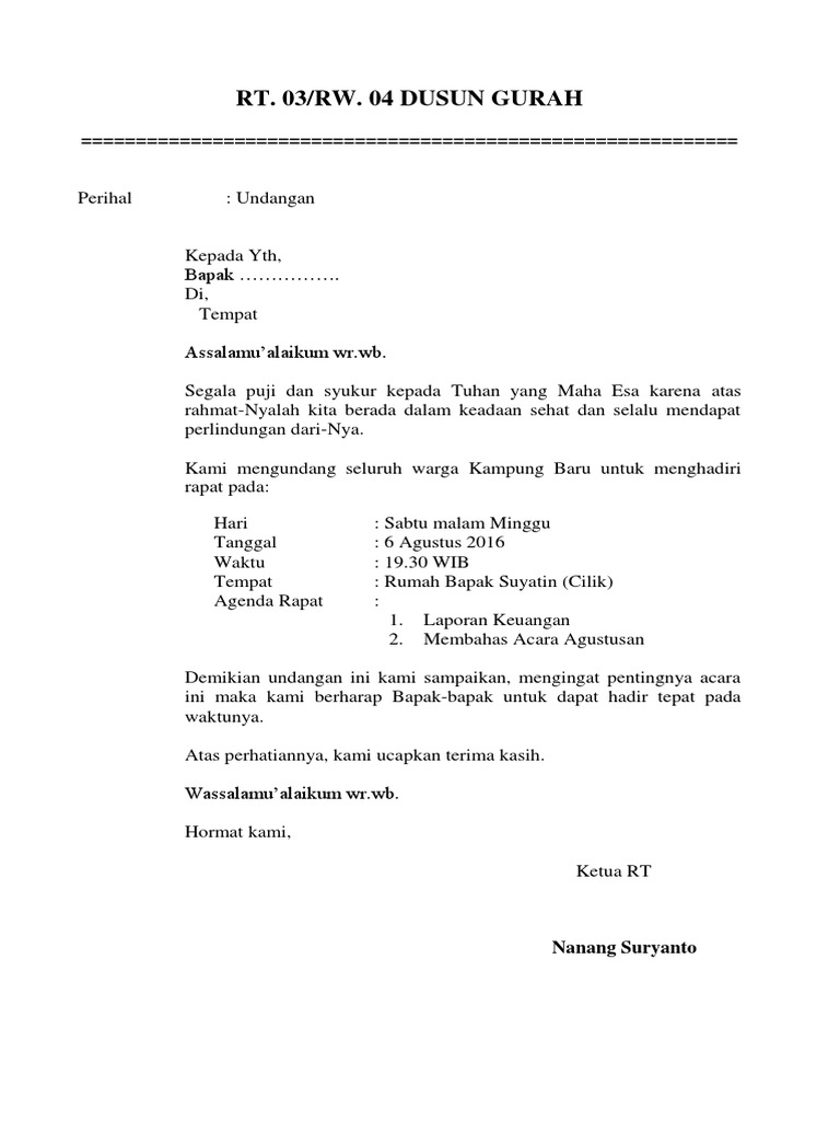 Contoh Surat Undangan Rapat RT | PDF