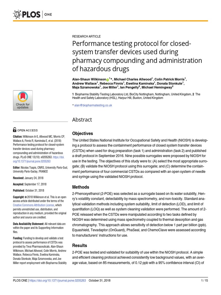 Plos One Article On Draft NIOSH Protocol For Assessment of Containment ...