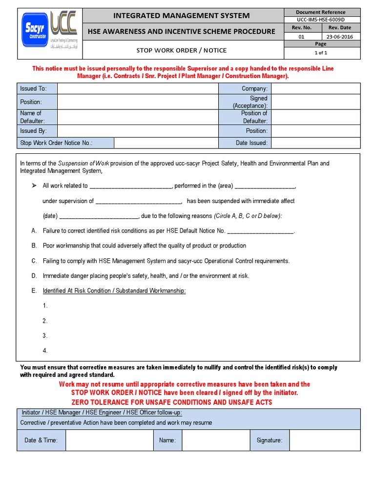 UCC-IMS-HSE-6009D Stop Work Order Notice Rev.01 | PDF | Risk | Safety