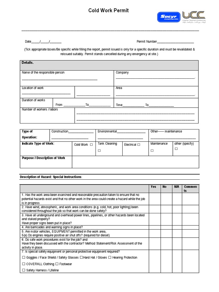 Cold Work Permit | Personal Protective Equipment | Safety