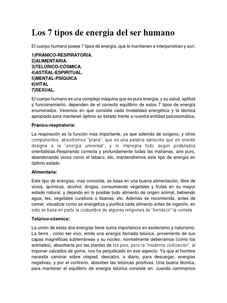 Los 7 Tipos de Energia Del Ser Humano | Alimentos | Homo Sapiens