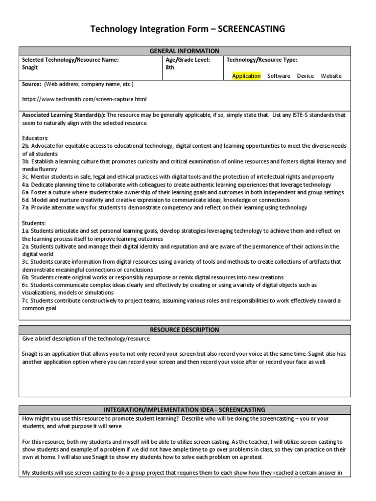 Technology Integration Template-Screencasting | PDF | Pedagogy | Learning