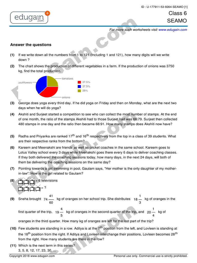 Class 6 Seamo: Answer The Questions | PDF | Teaching Mathematics | Leisure