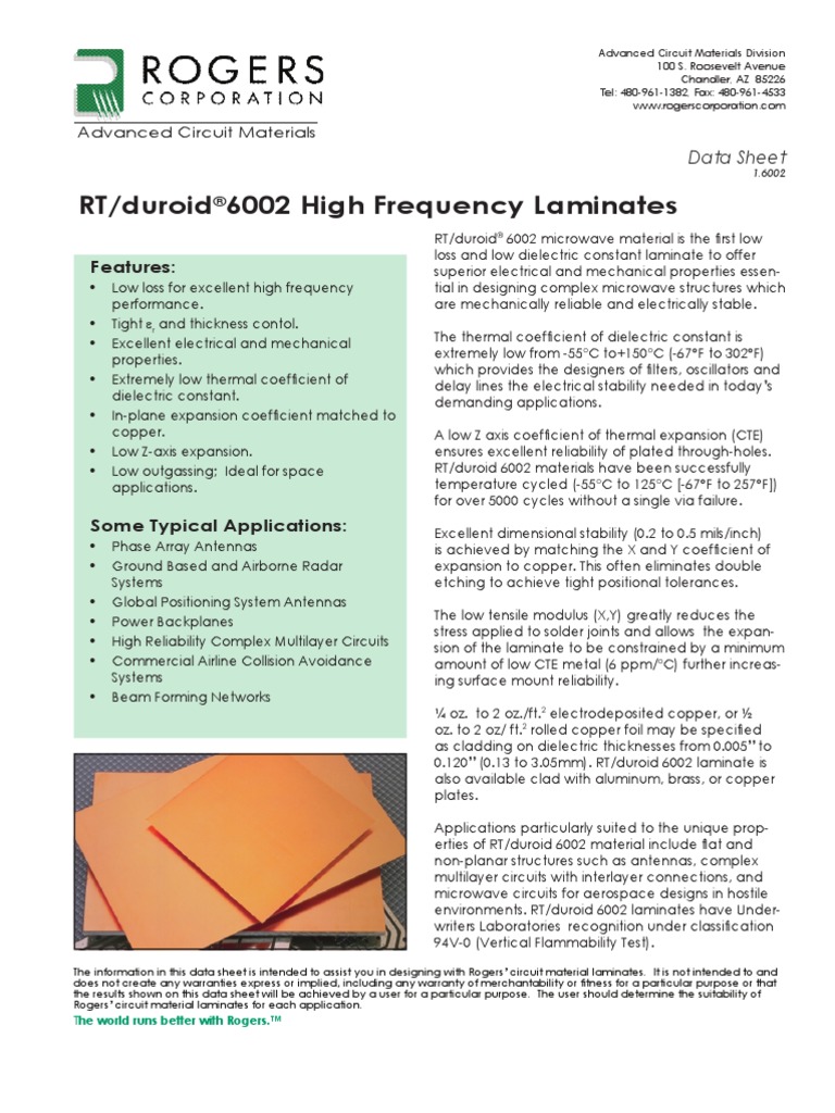 RT Duroid 6002 Laminate Data Sheet | PDF | Materials | Building Engineering