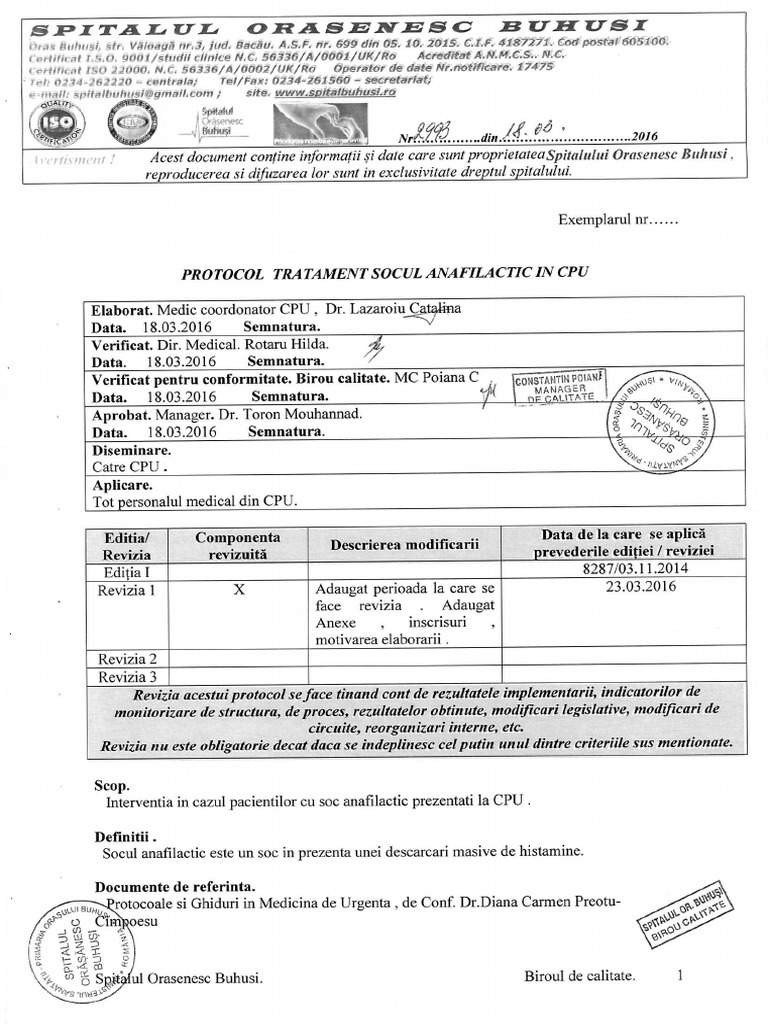 Protocol de Tratament in Socul Anafilactic | PDF