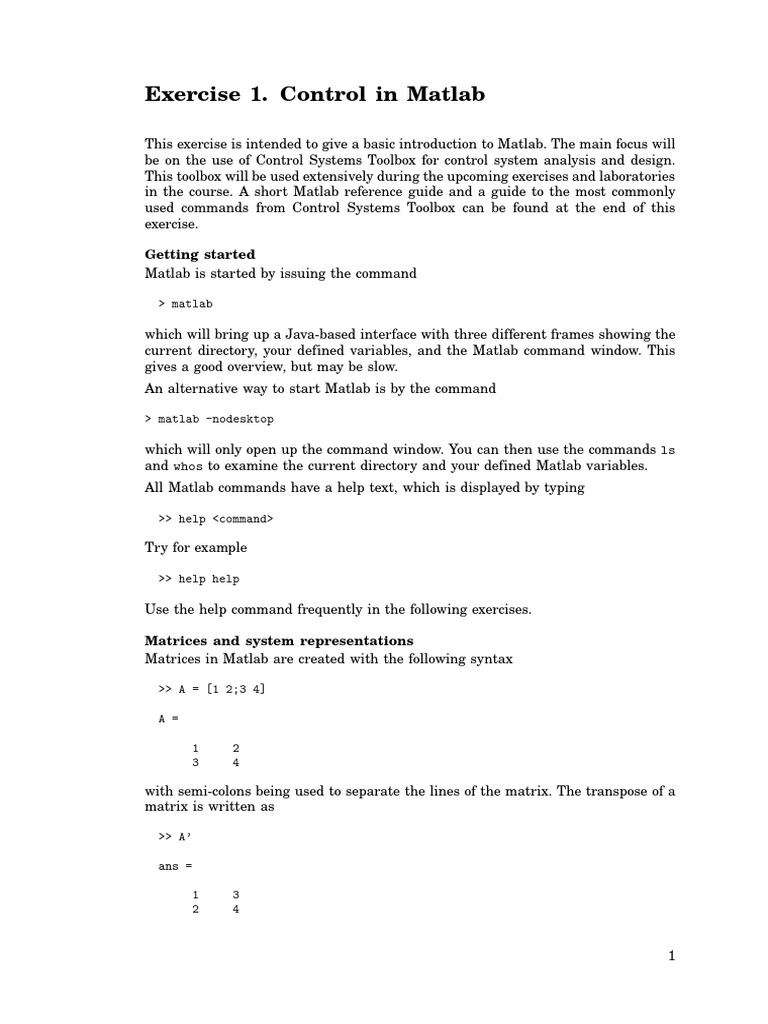 Control System Lab Exercise PDF | PDF | Control Theory | Matrix ...
