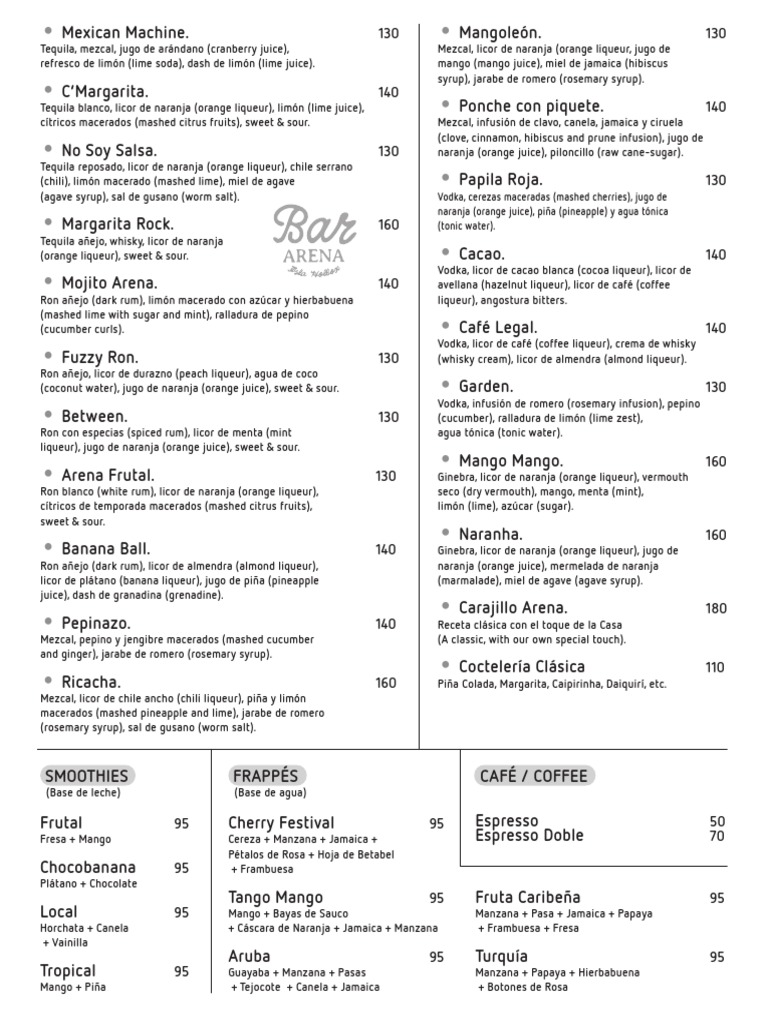 Ok Menú Bar Arena 24-7 | PDF | Alcoholic Drinks | Distilled Drinks