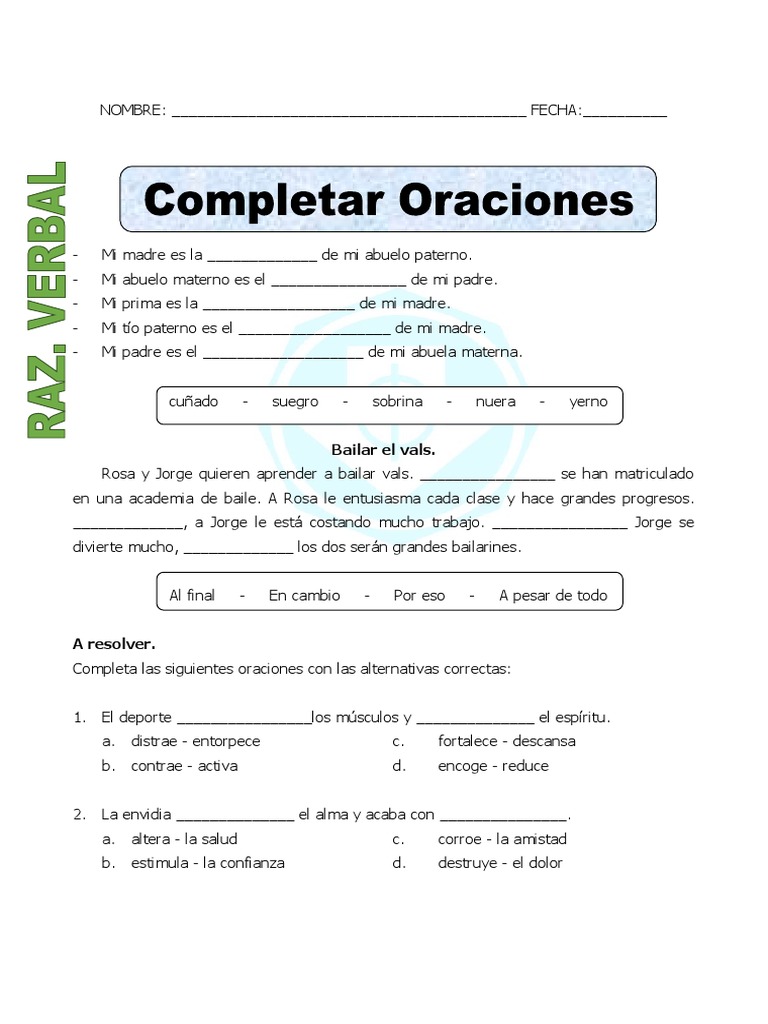 Ficha Completar Oraciones para Tercero de Primaria | PDF