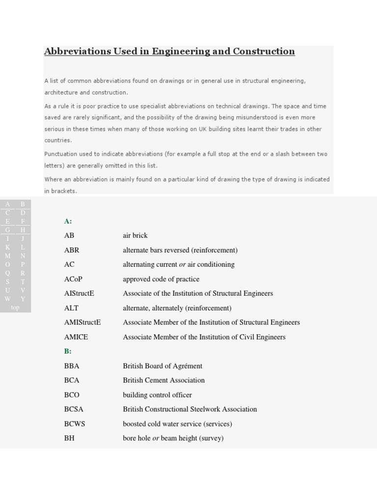 Abbreviations Used in Engineering and Construction: A B C D E F G H I J ...