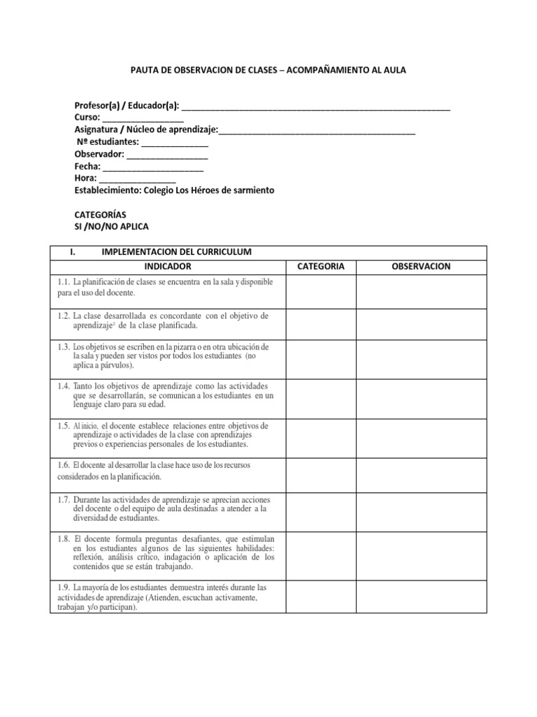 Pauta de Observacion de Clases | PDF