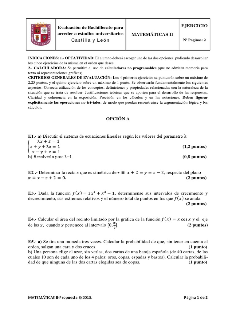 Ejercicios Selectividad Matemáticas II CYL | PDF | Geometria plana ...