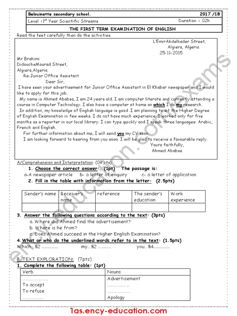 Dzexams 1as Anglais TCST - t1 20181 783350 PDF | PDF | English Language ...