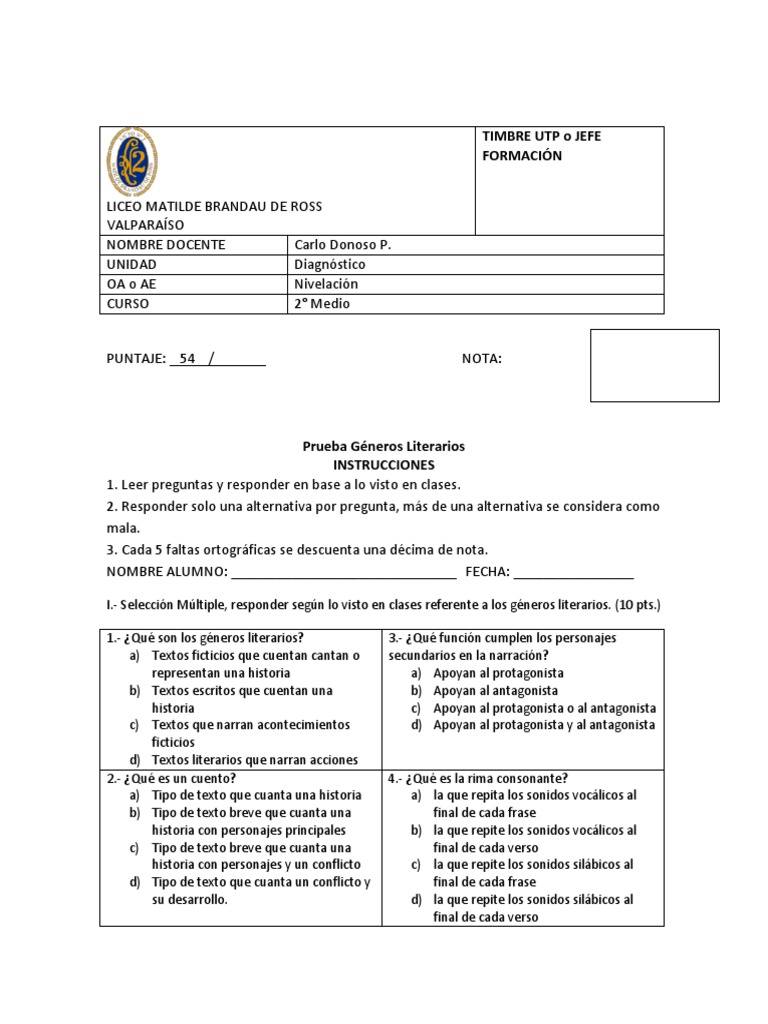 Prueba Generos Literarios Nivelacion 2 Medio | PDF | Teatro