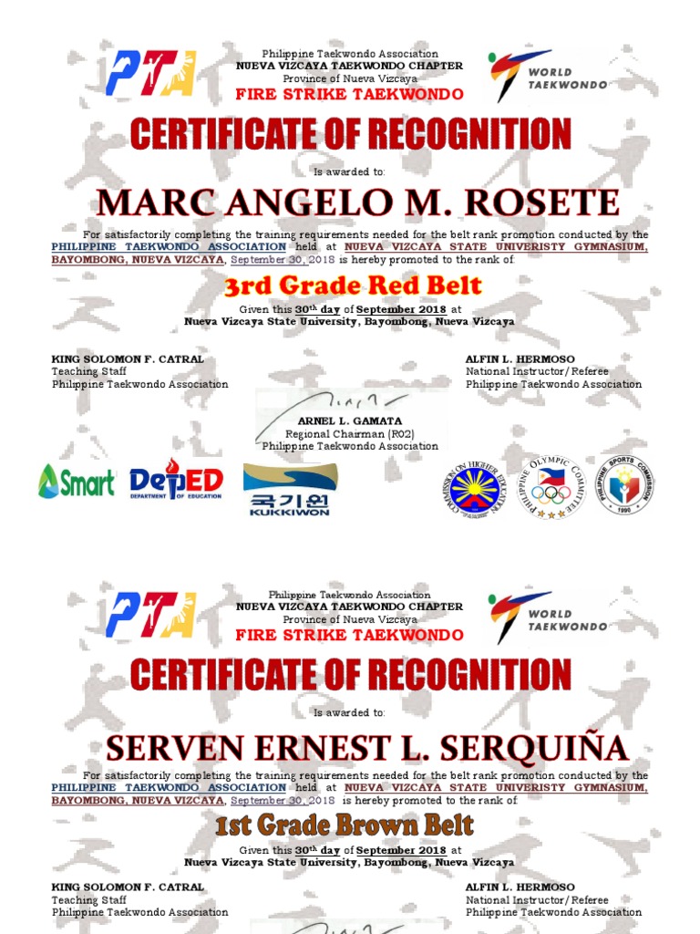 Certificate of Recognition Aritao Forsept 30 2018 | PDF | Taekwondo ...