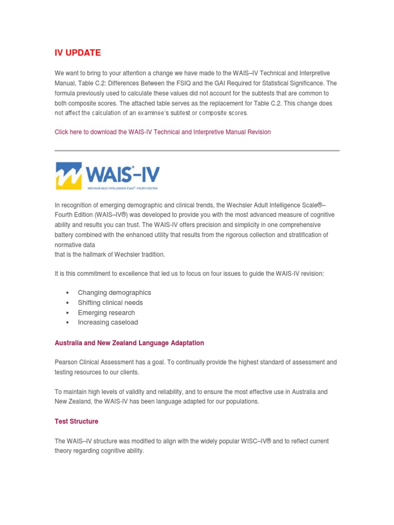 Iv Update | PDF | Wechsler Adult Intelligence Scale | Intelligence