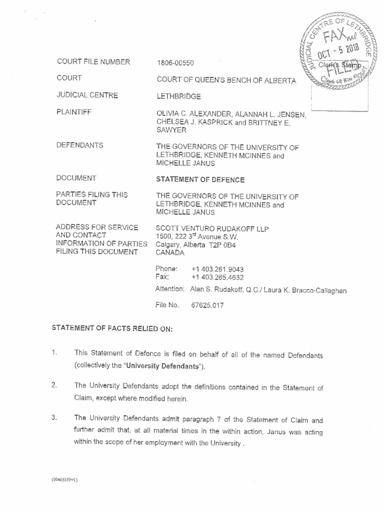 Statement of Defence in Civil Case Against University of Lethbridge ...