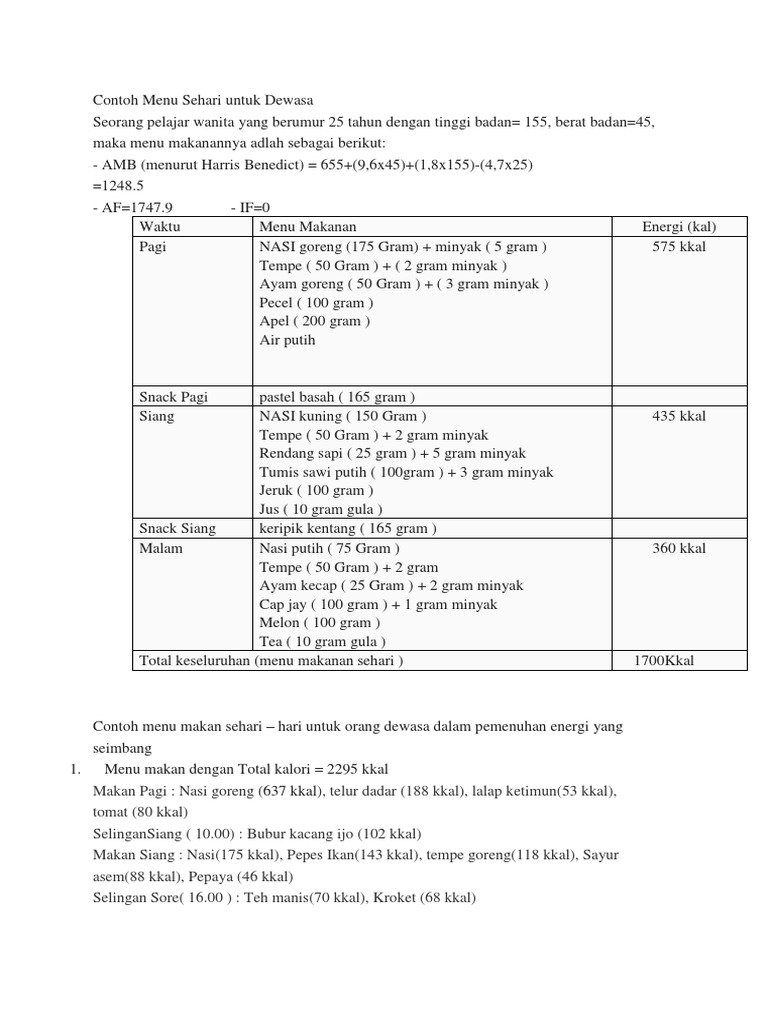 Contoh Menu Sehari Untuk Dewasa | PDF