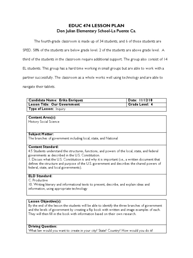 Don Julian Elementary School-La Puente Ca.: Educ 474 Lesson Plan | PDF ...