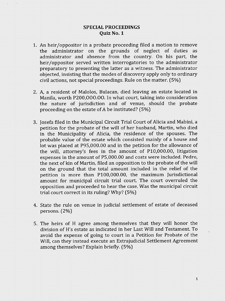Special Proceedings Quiz No. 1 | PDF