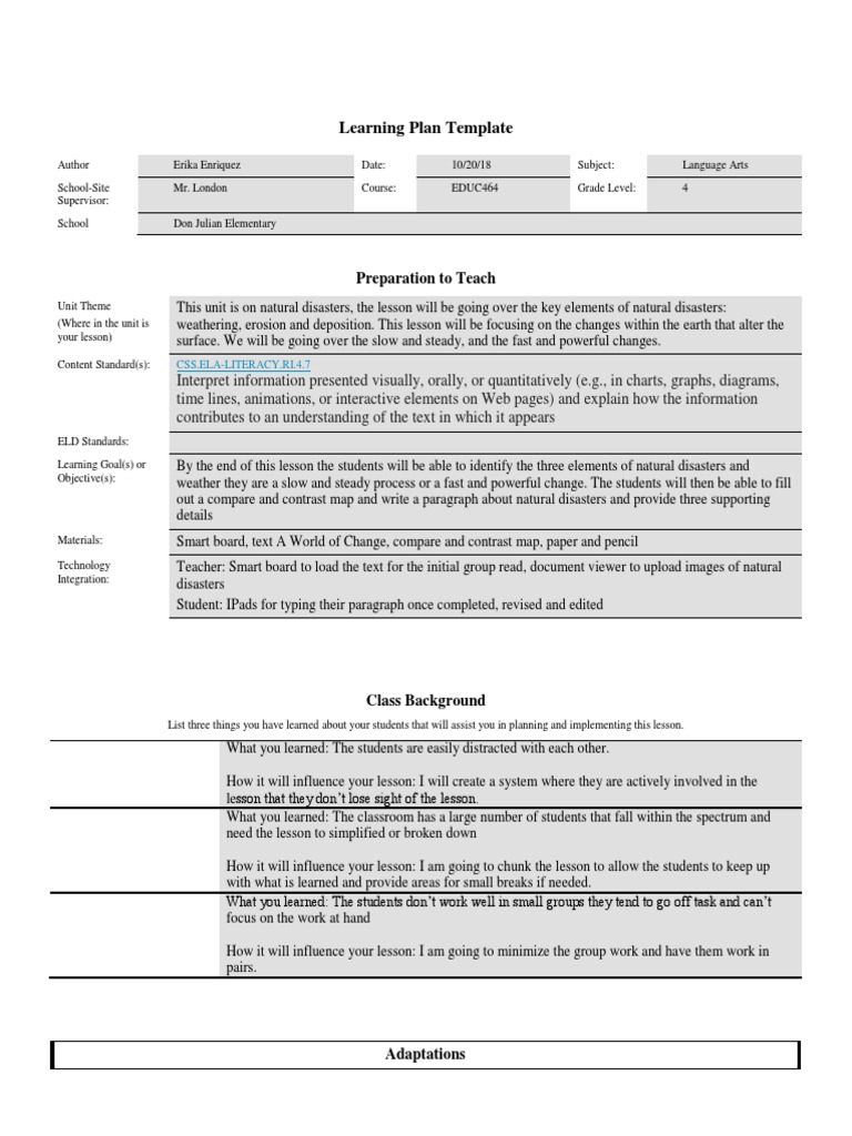 Natural Disasters Lesson Plan for 4th Grade | PDF | Reading (Process ...
