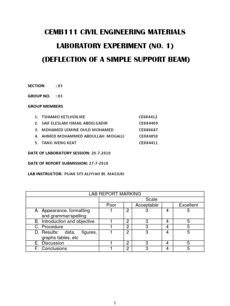 Cemb111 Civil Engineering Materials Laboratory Exp1 | PDF | Elasticity (Physics) | Beam (Structure)