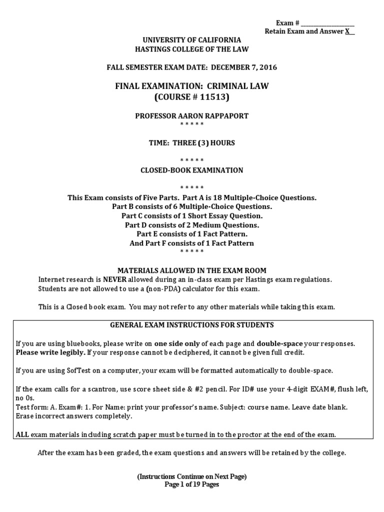 Final Examination: Criminal Law (COURSE # 11513) : Exam # - Retain Exam ...