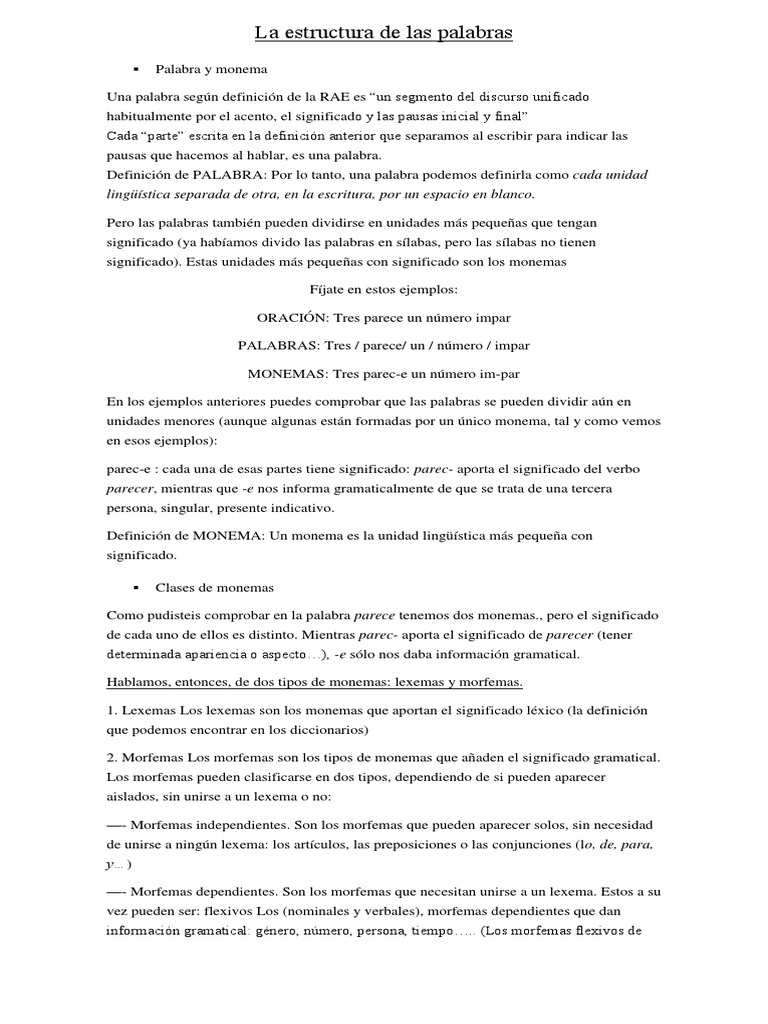 Estructura y tipos de palabras en español | PDF | Oración (Lingüística ...