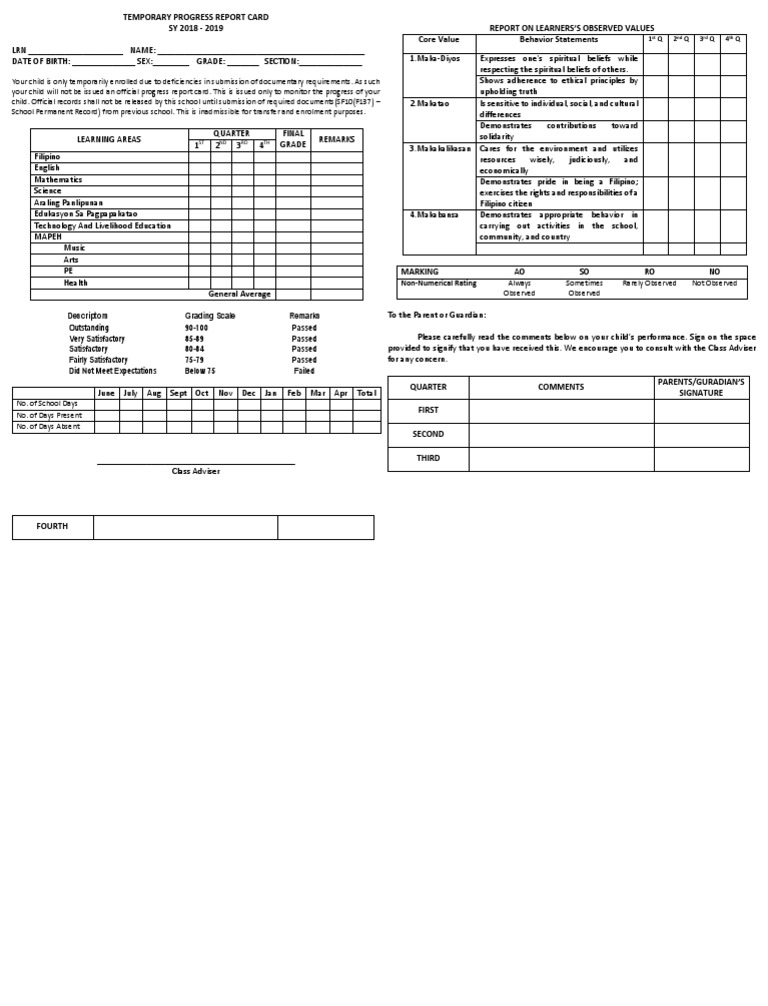 Temporary Progress Report Card2 | PDF | Behavior Modification | Psychology