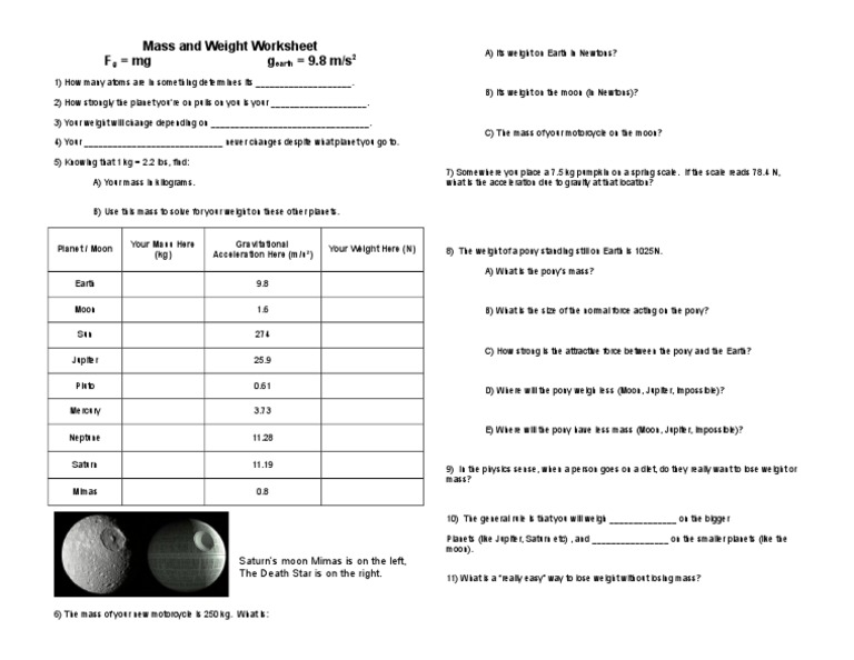 A-Mass and Weight Worksheet | PDF | Weight | Mass