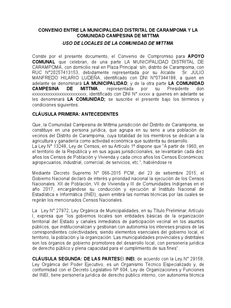 Convenio Entre La Municipalidad Distrital de Carampoma y La Comunidad ...