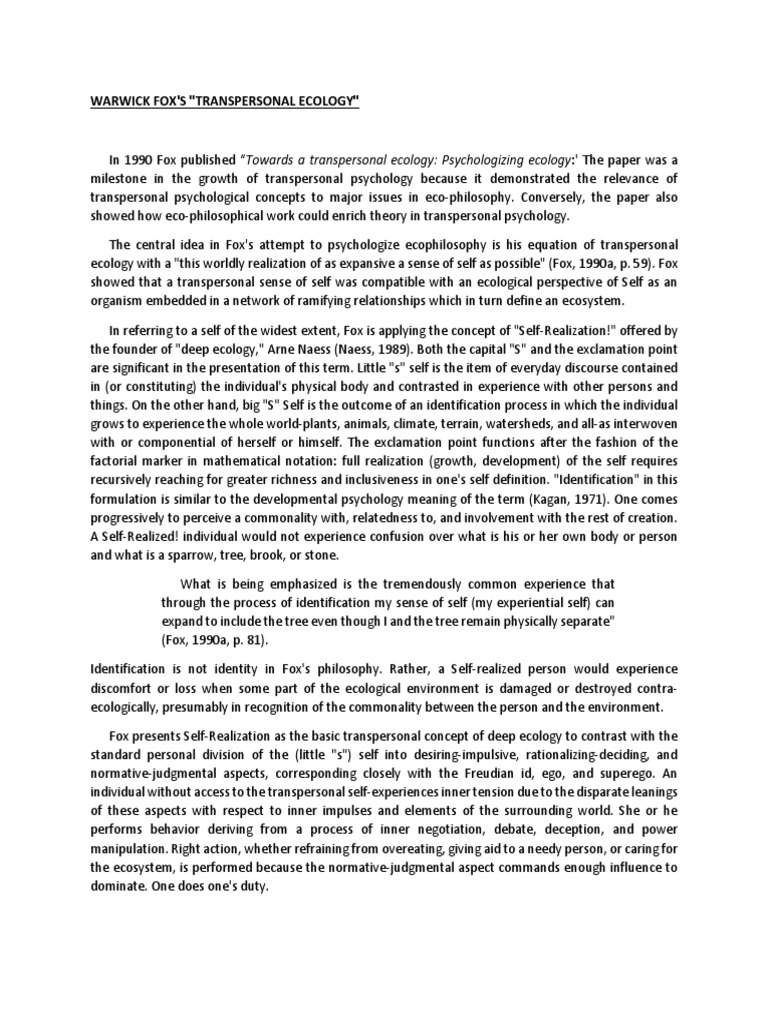 Warwick Fox's Transpersonal Ecology | PDF | Self | Transpersonal Psychology
