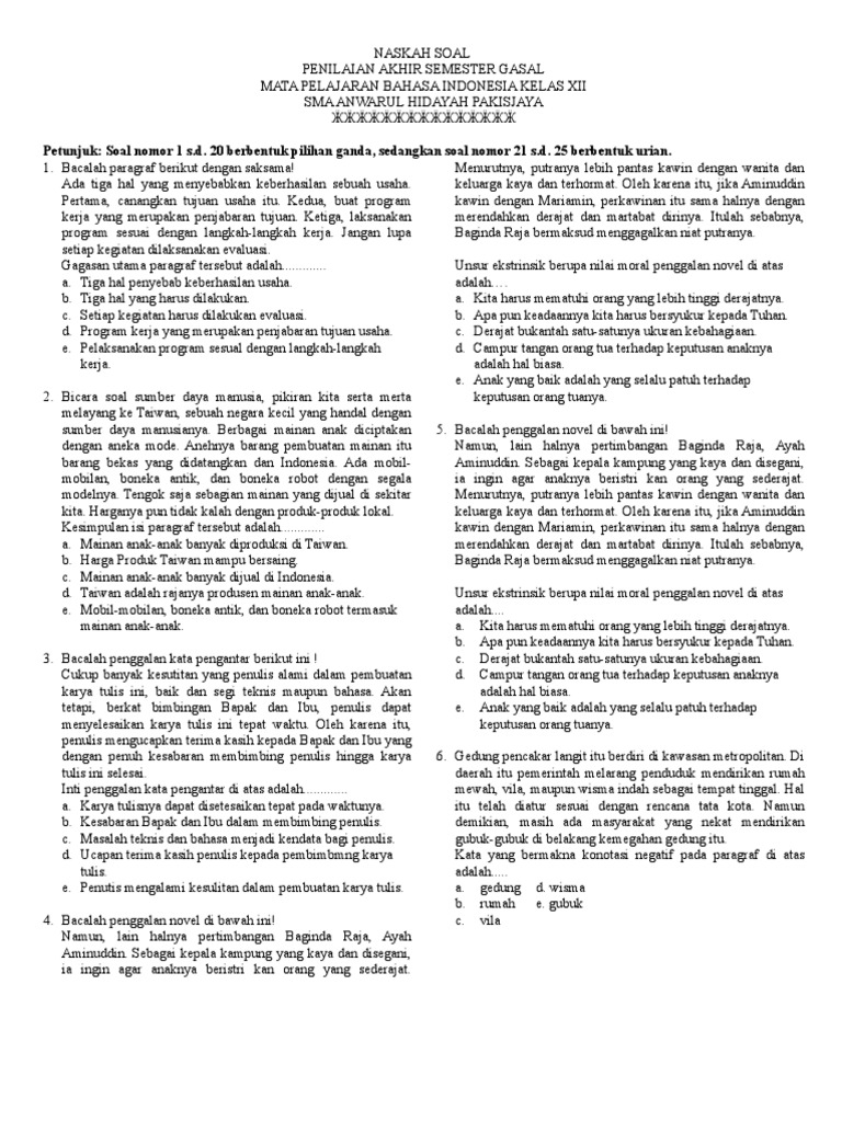 Soal PAS Bahasa Indonesia XII Gasal | PDF