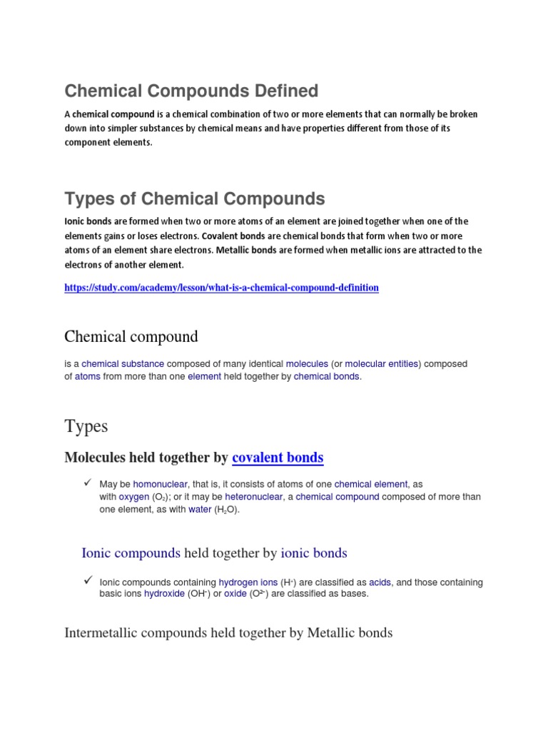 Types of Chemical Compounds Explained | PDF | Chemical Bond | Chemical ...
