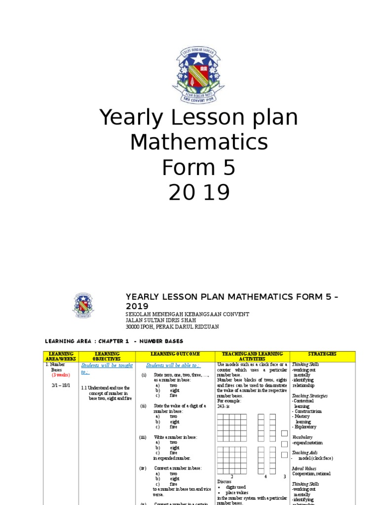 Yearly Lesson Plan Mathematics Form5 2019 | PDF | Matrix (Mathematics ...