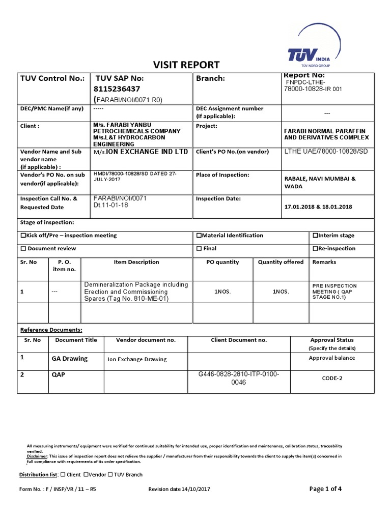 Visit Report: TUV Control No.: TUV SAP No: 8115236437 ( Branch: Report ...