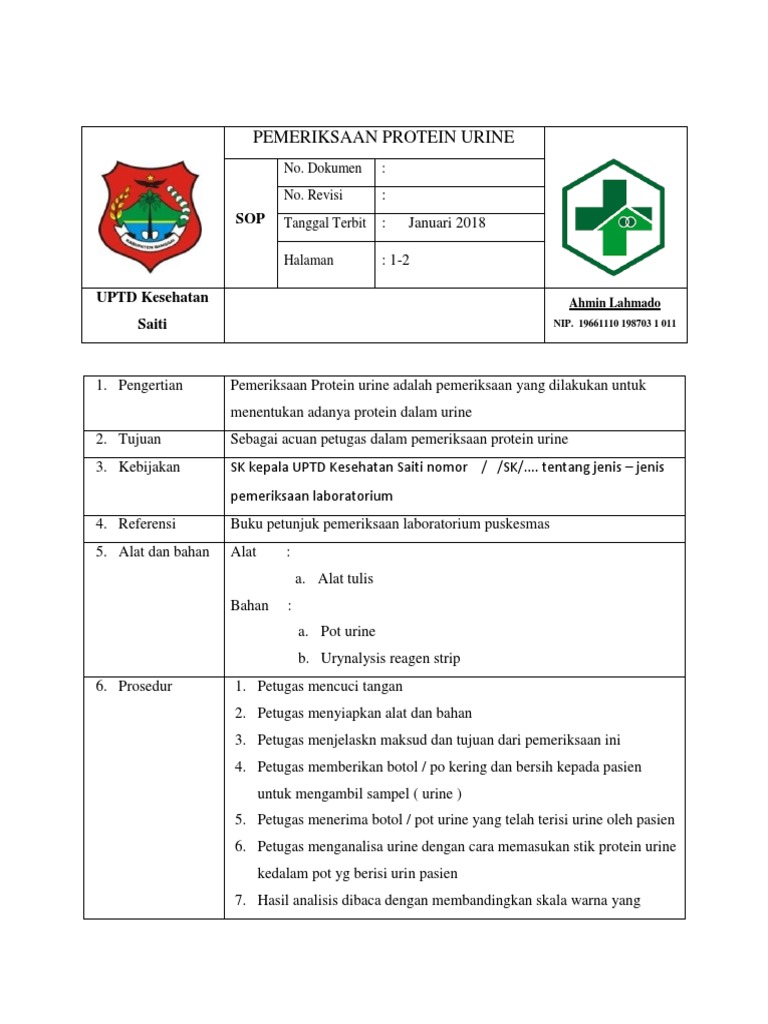 8.1 Sop Pemeriksaan Protein Urine | PDF | Kesehatan Holistik | Sains & Matematika