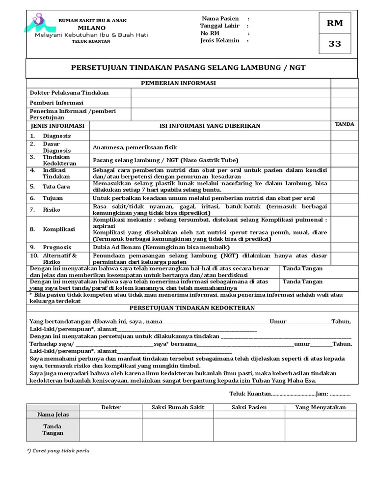 RM 30 Persetujuan Tindakan Pasang Selang Lambung NGT (TDK Perlu) | PDF ...