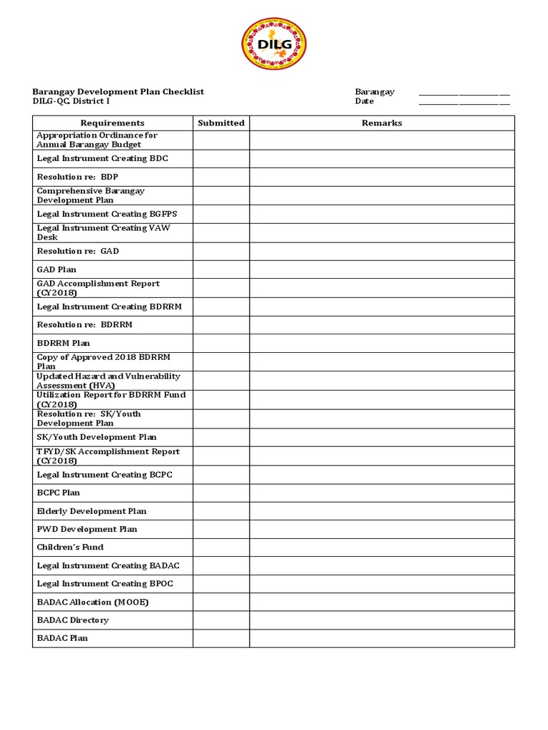 Barangay Development Plan Checklist Updated | PDF | Finance & Money ...